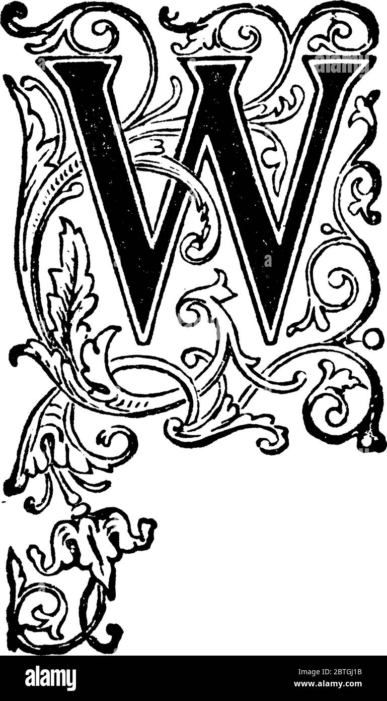 Lettre W anglaise décorée de fleurs, dessin de ligne vintage ou ...