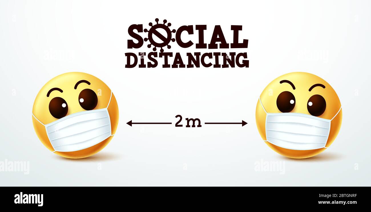 Signe de vecteur de distance sociale emoji. Émotiji smiley portant un ...