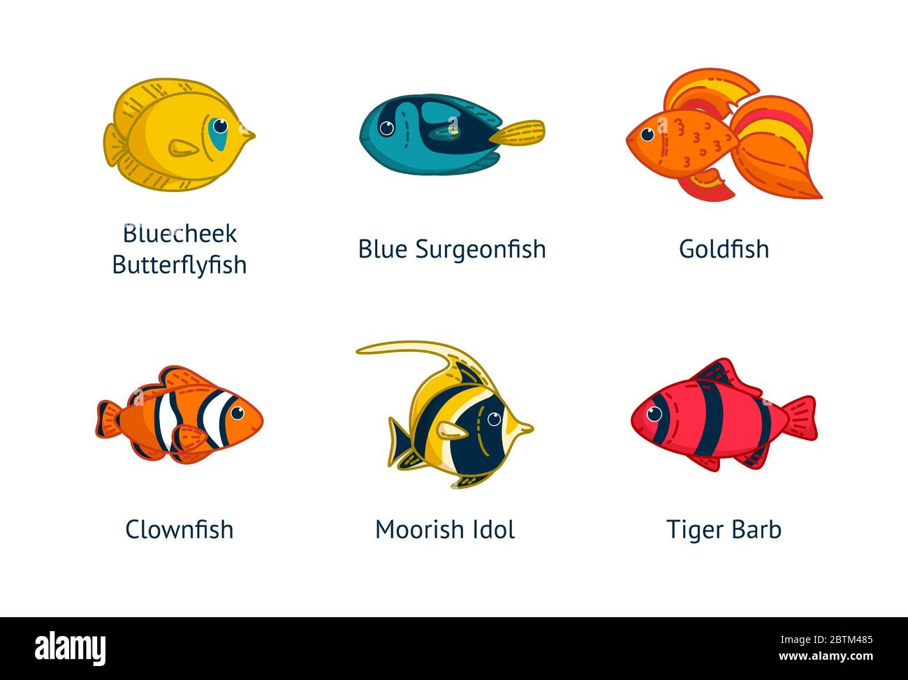 Ensemble de six poissons tropicaux avec leurs noms. Poisson-clown ...