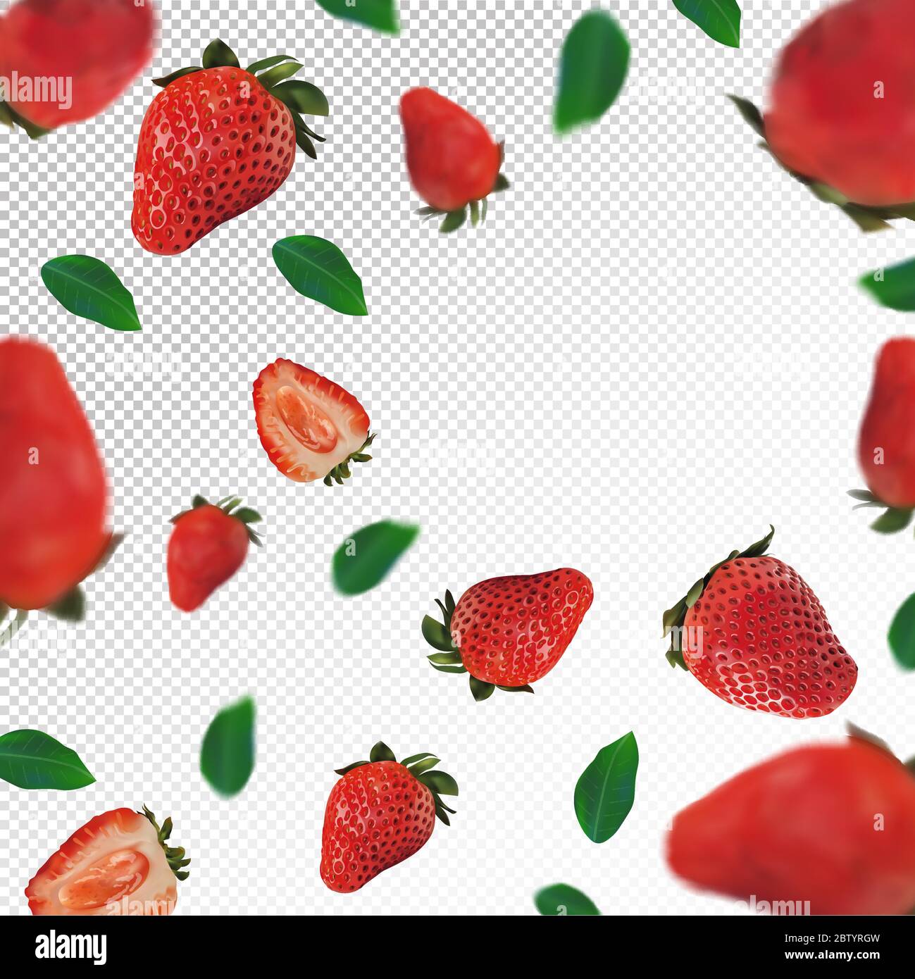 Fond fraise. Fraise volante avec feuille verte sur fond transparent ...