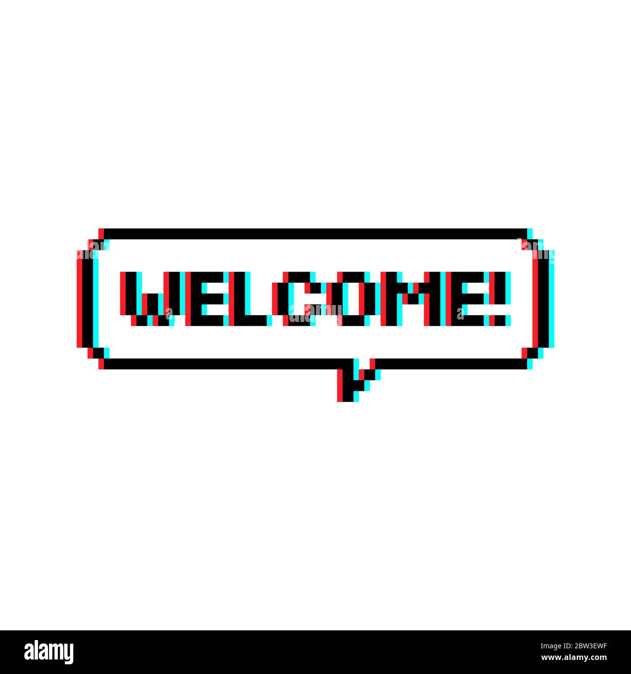 Pixel art texte de bulle de parole dire Bienvenue 8-bit avec effet de glitch - illustration ...