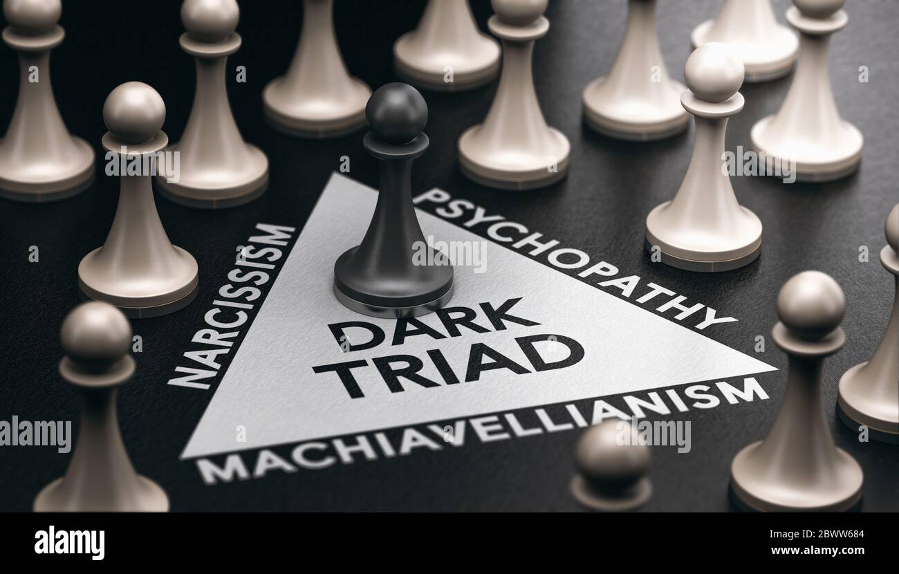 illustration 3d de pions sur fond noir et forme de triangle avec trois ...