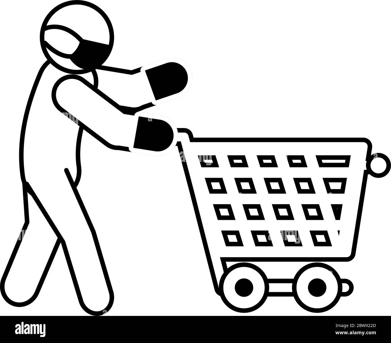 pictogramme homme avec masque de protection et gants et icône de panier ...