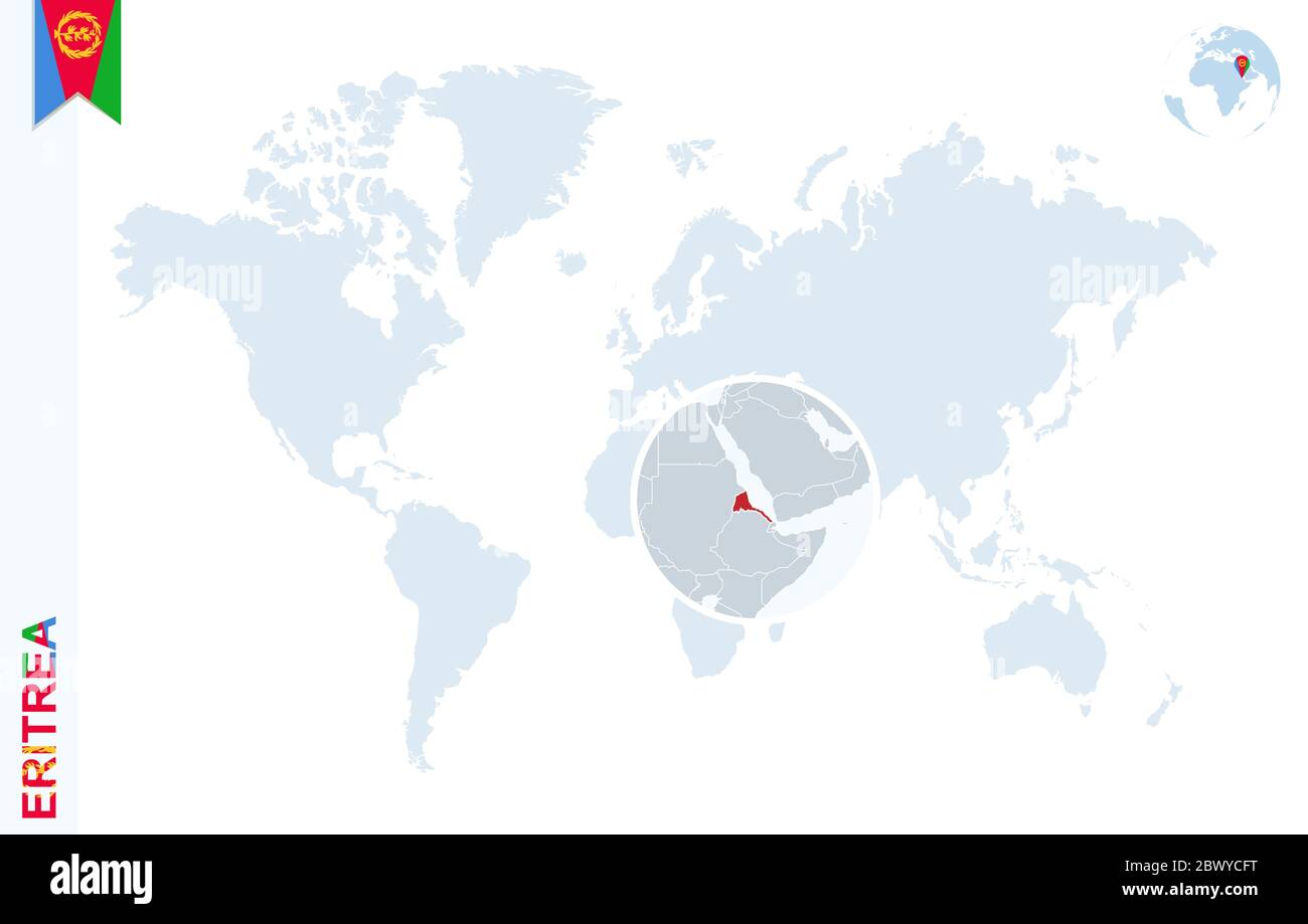 Carte du monde avec agrandissement sur l'Érythrée. Globe terrestre bleu ...
