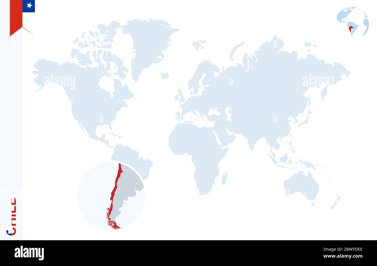Carte du monde avec agrandissement sur le Chili. Globe terrestre bleu ...