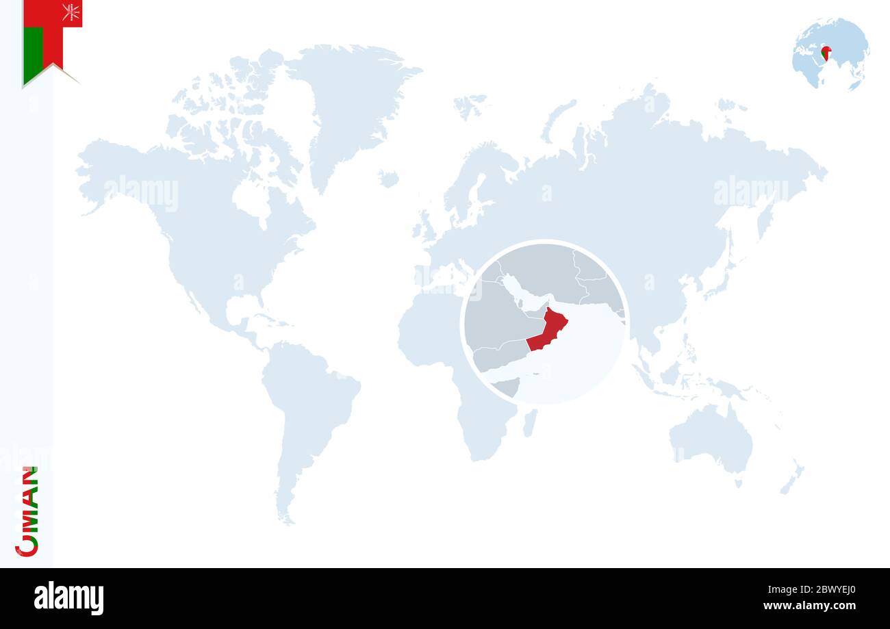 Carte du monde avec agrandissement sur Oman. Globe terrestre bleu avec ...