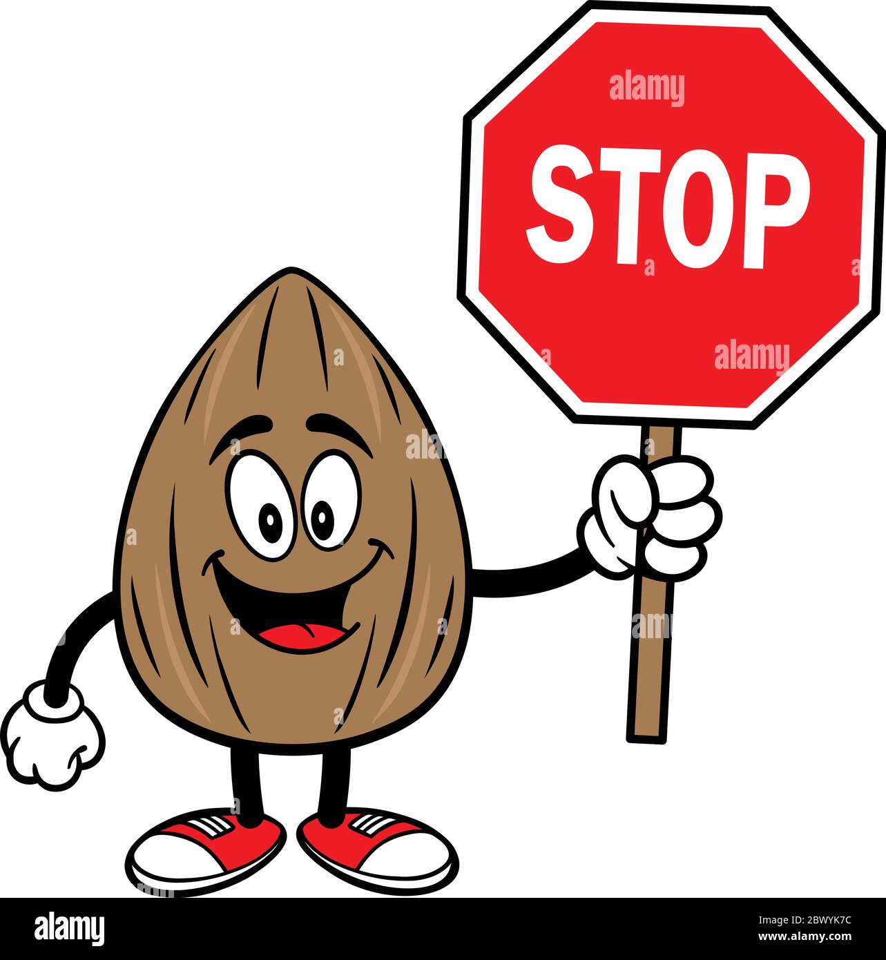 Mascotte d'amande avec panneau stop - UNE illustration de dessin animé ...