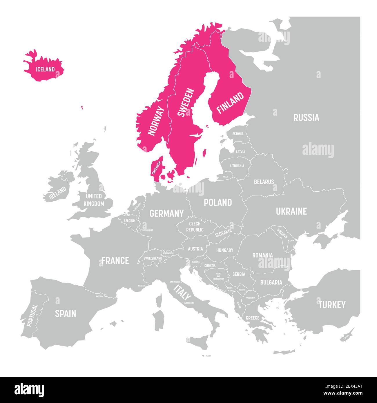 Etats scandinaves Danemark, Norvège, Finlande, Suède et rose Islande ...