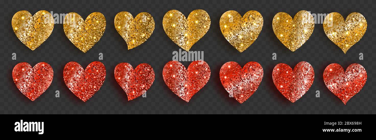 Ensemble de symboles coeurs en rouge et doré, avec des reflets et des ...
