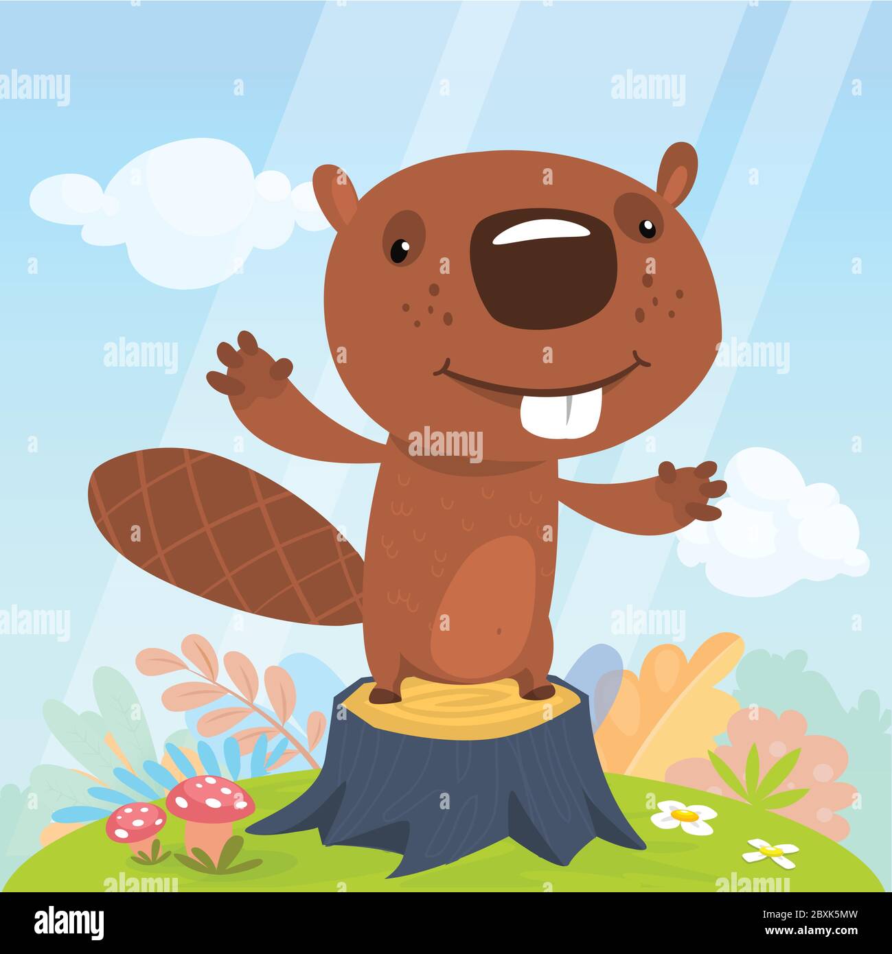 Adorable castor de dessin animé debout sur une souche. Vecteur illustré ...