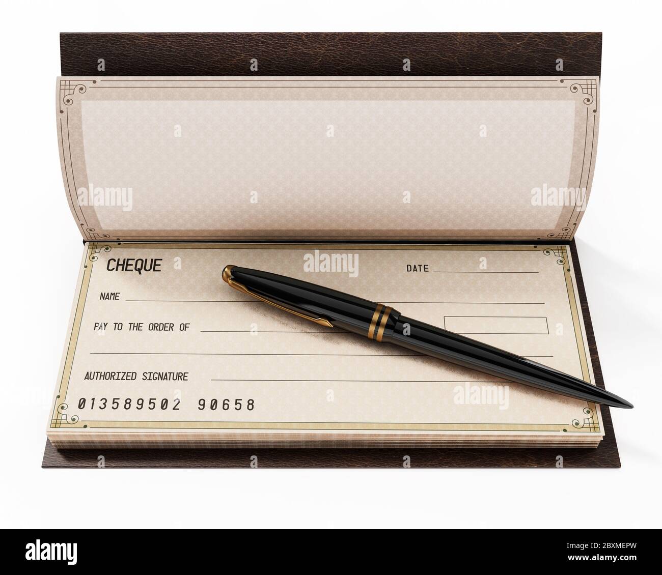 Carnet de chèques et stylo à encre isolés sur fond blanc. Illustration ...