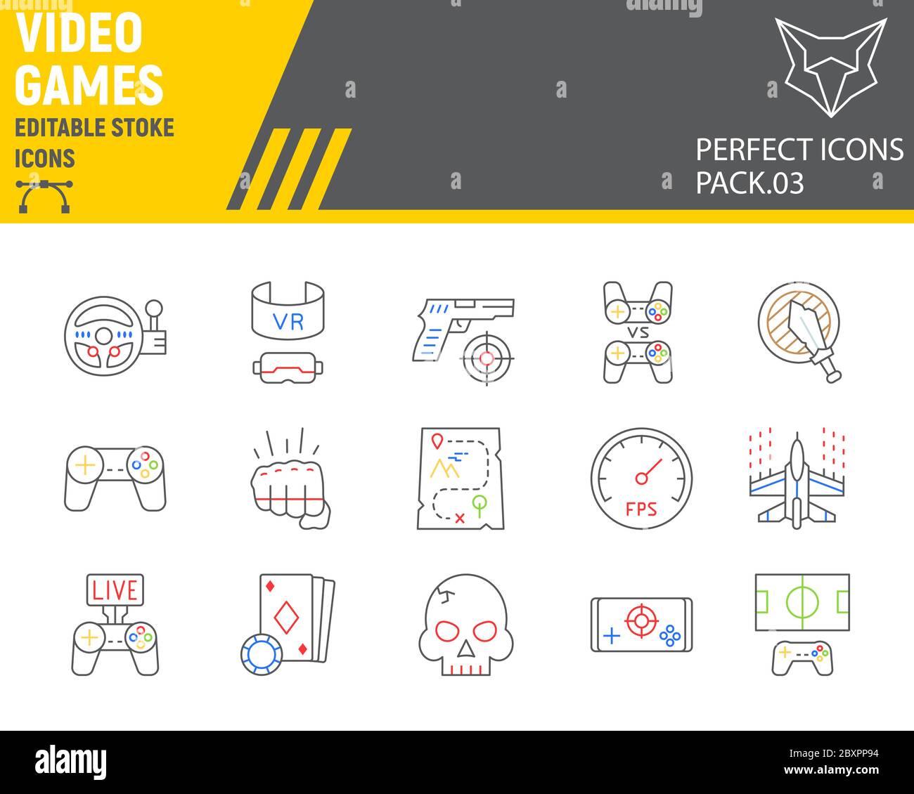 Jeux vidéo jeu de lignes de couleurs, collection de symboles de jeu ...