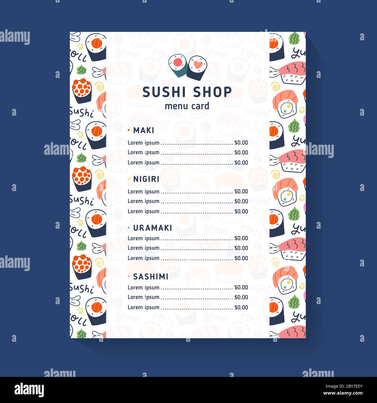 Menu sushi, modèle vectoriel pour le magasin de sushi, le café ou le ...