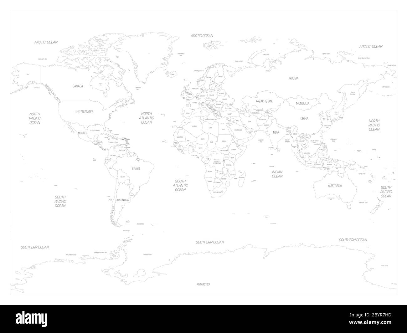 Carte du monde. Carte politique détaillée en noir avec noms de pays, de ...