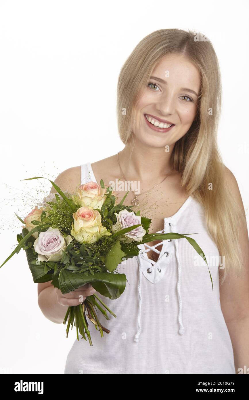 Femme Tenant Un Bouquet De Fleurs Banque De Photographies Et Dimages à