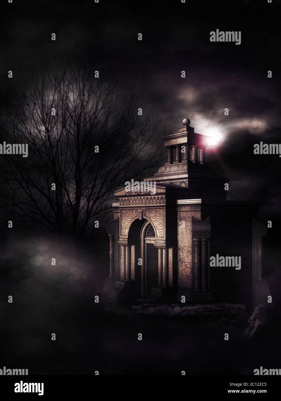 Ancienne crypte ou temple dans le paysage de forêt sombre illustration ...