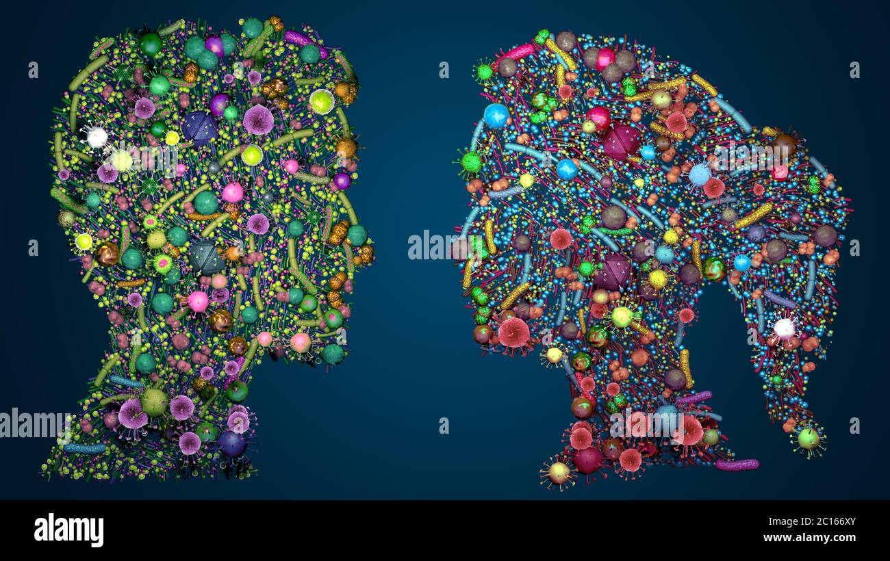 Silhouette d'un humain avec la flore de la peau, les micro-organismes ...