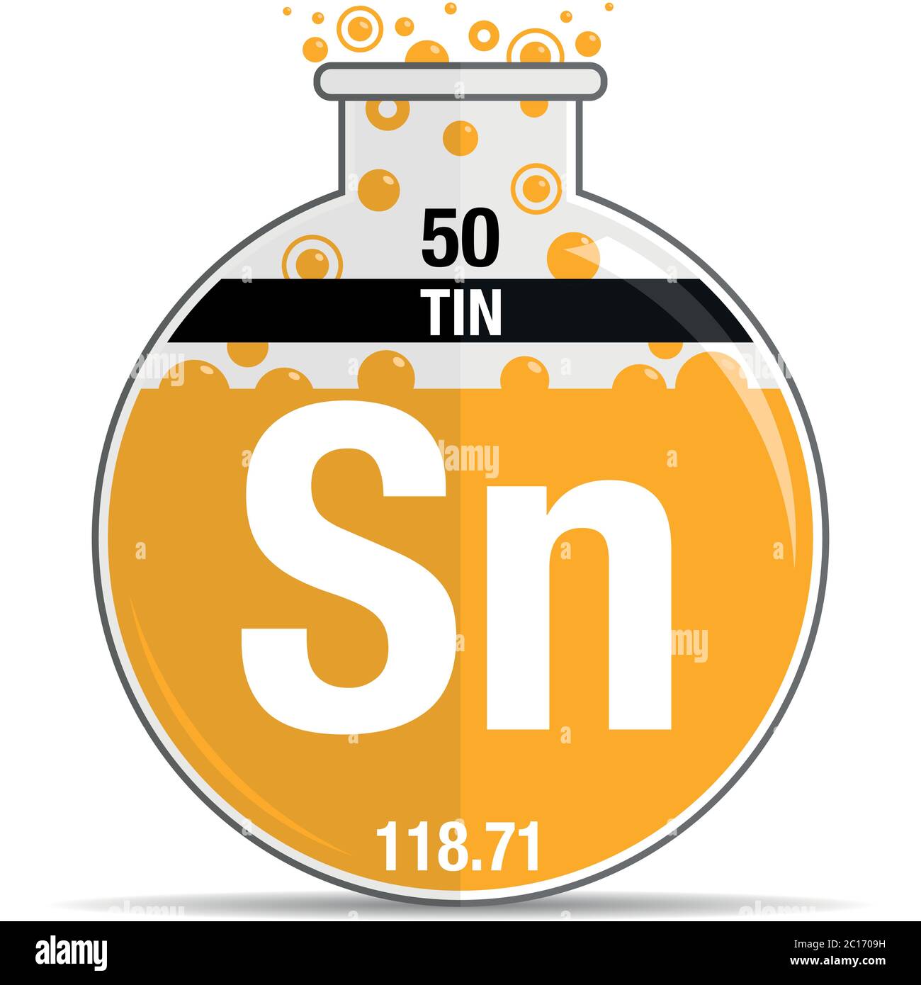 Symbole d'étain sur la fiole ronde chimique. Élément numéro 50 du ...
