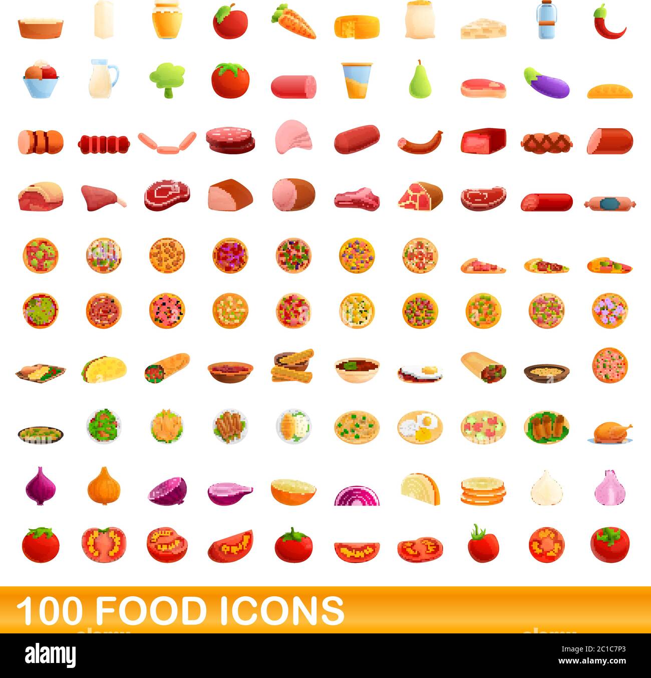 100 food icons set. Cartoon illustration de 100 icônes alimentaire ...