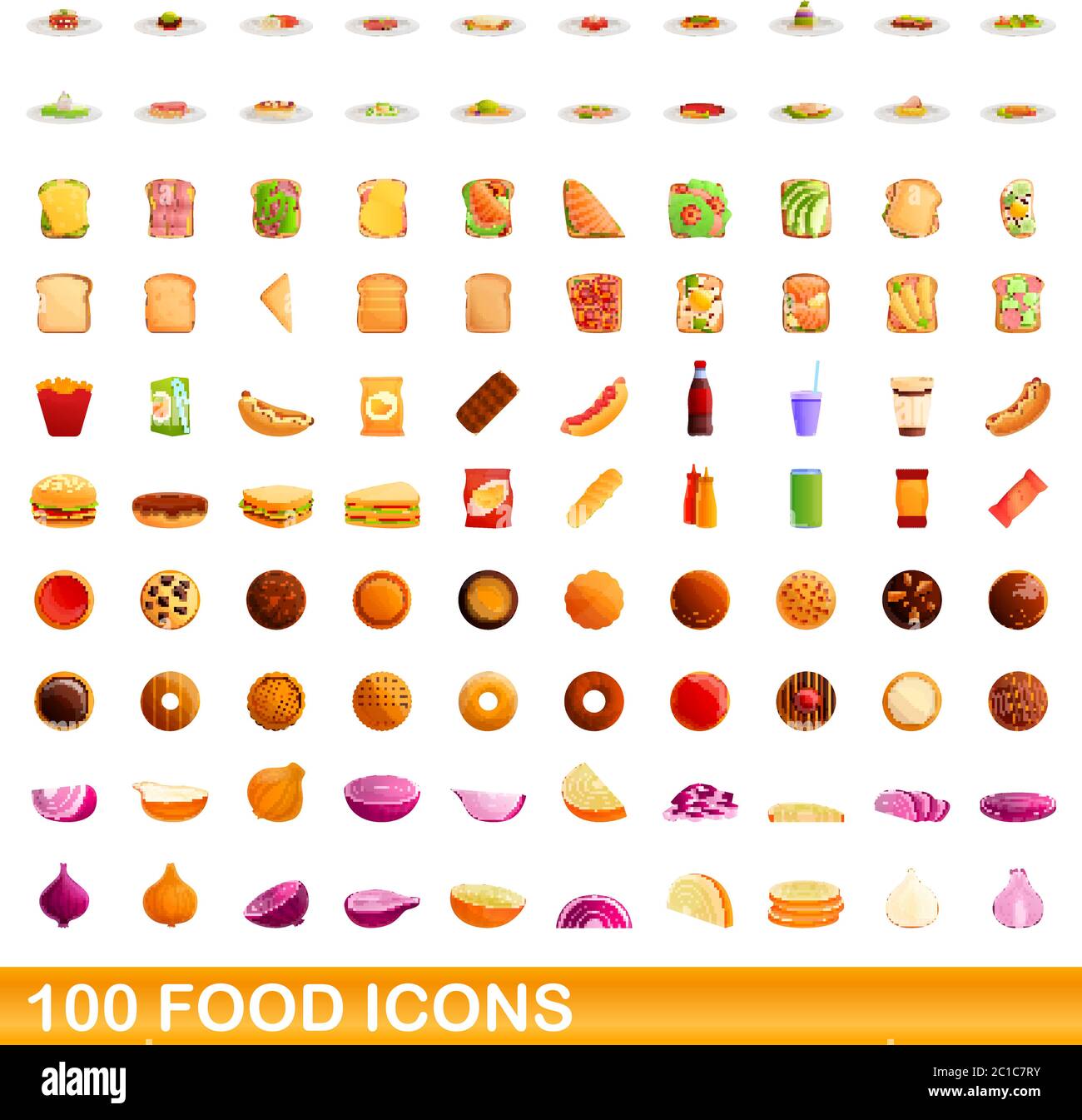 100 food icons set. Cartoon illustration de 100 icônes alimentaire ...