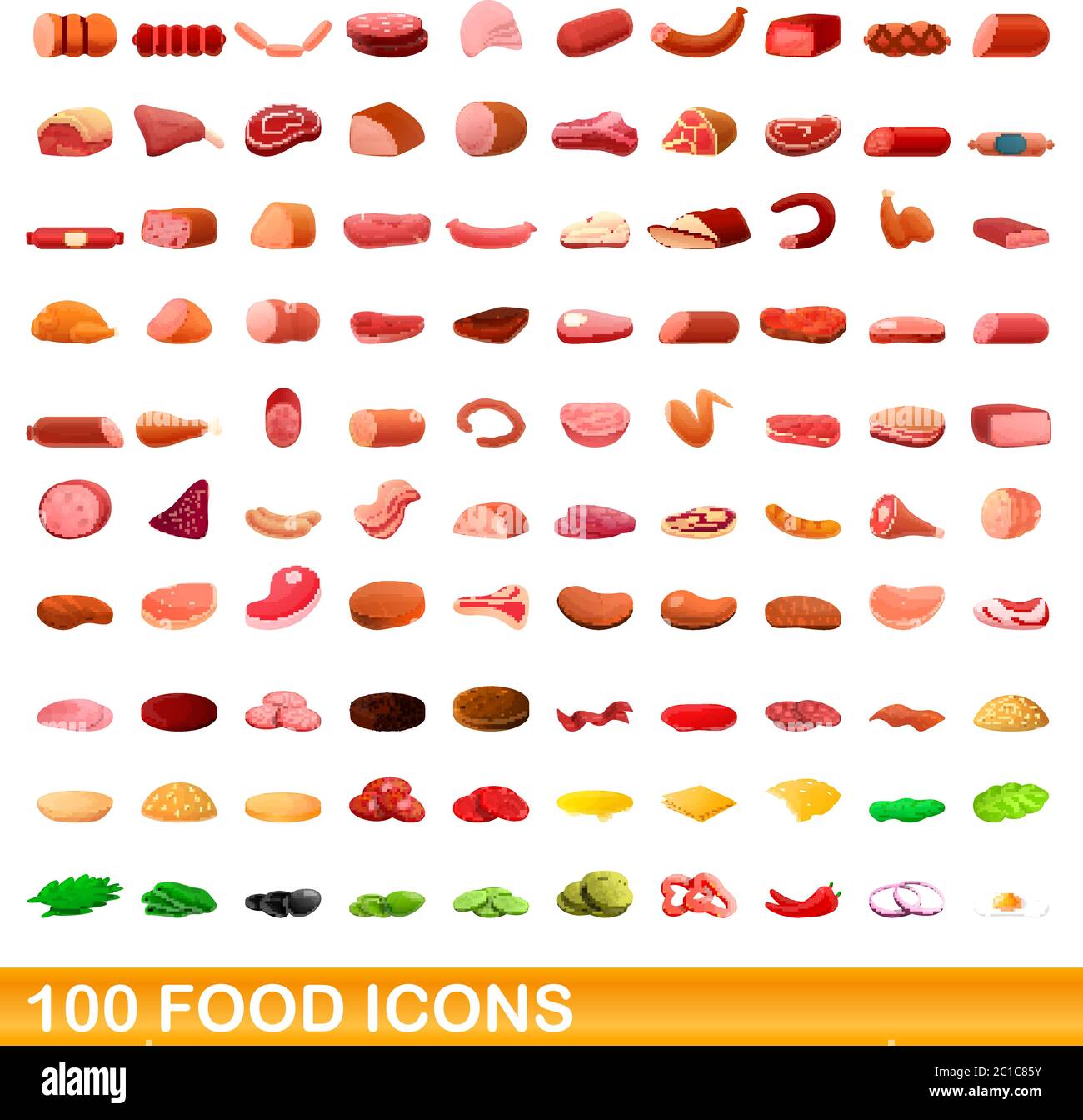 100 food icons set. Cartoon illustration de 100 icônes alimentaire ...