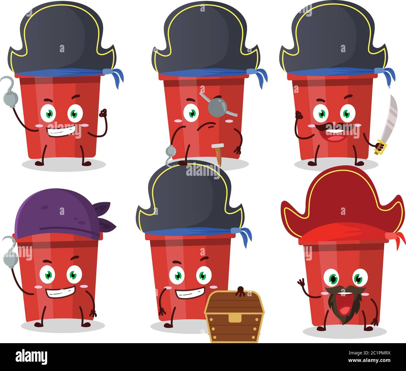 Personnage de dessin animé de seau de sable avec divers pirates ...