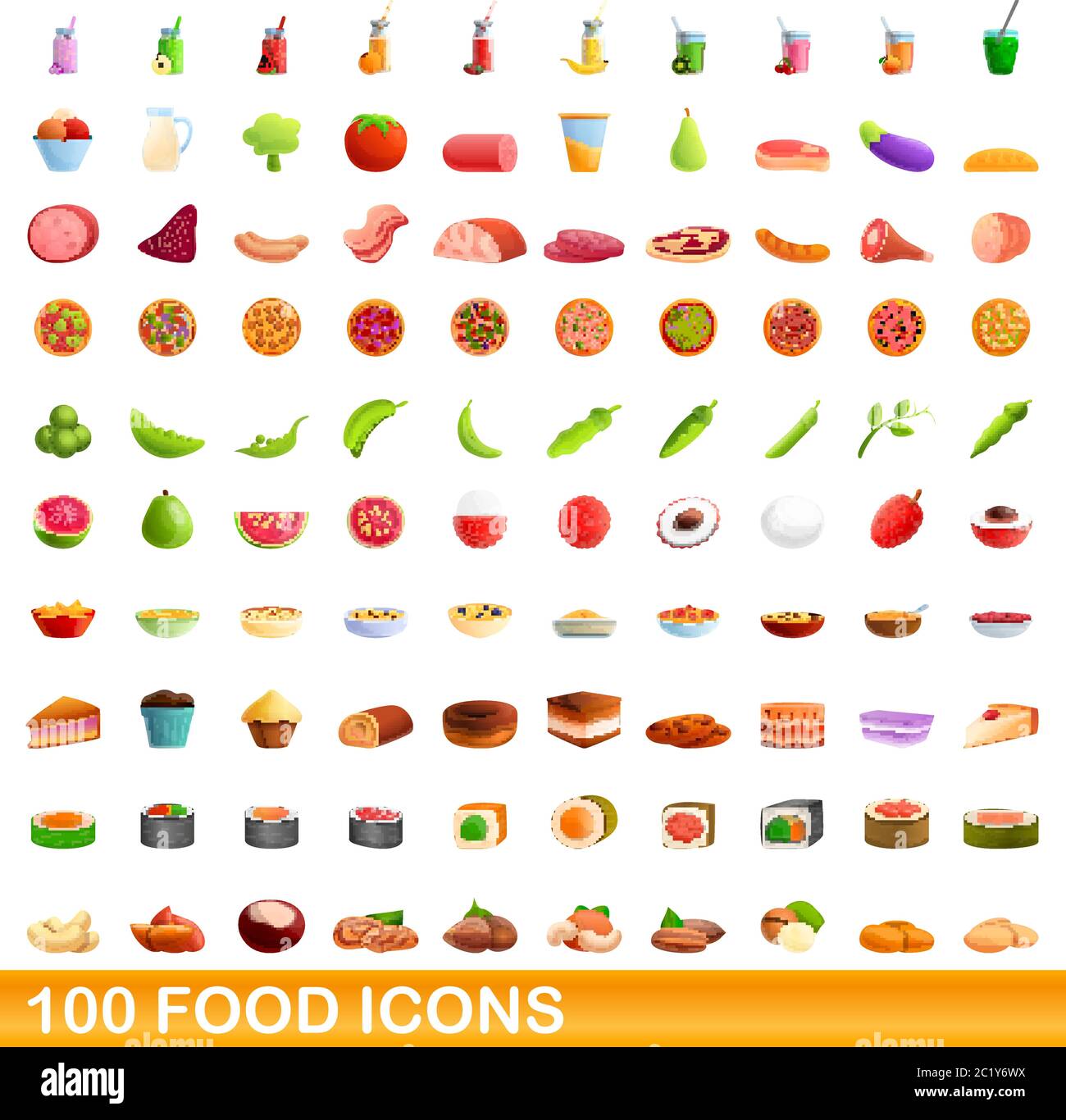 100 food icons set. Cartoon illustration de 100 icônes alimentaire ...