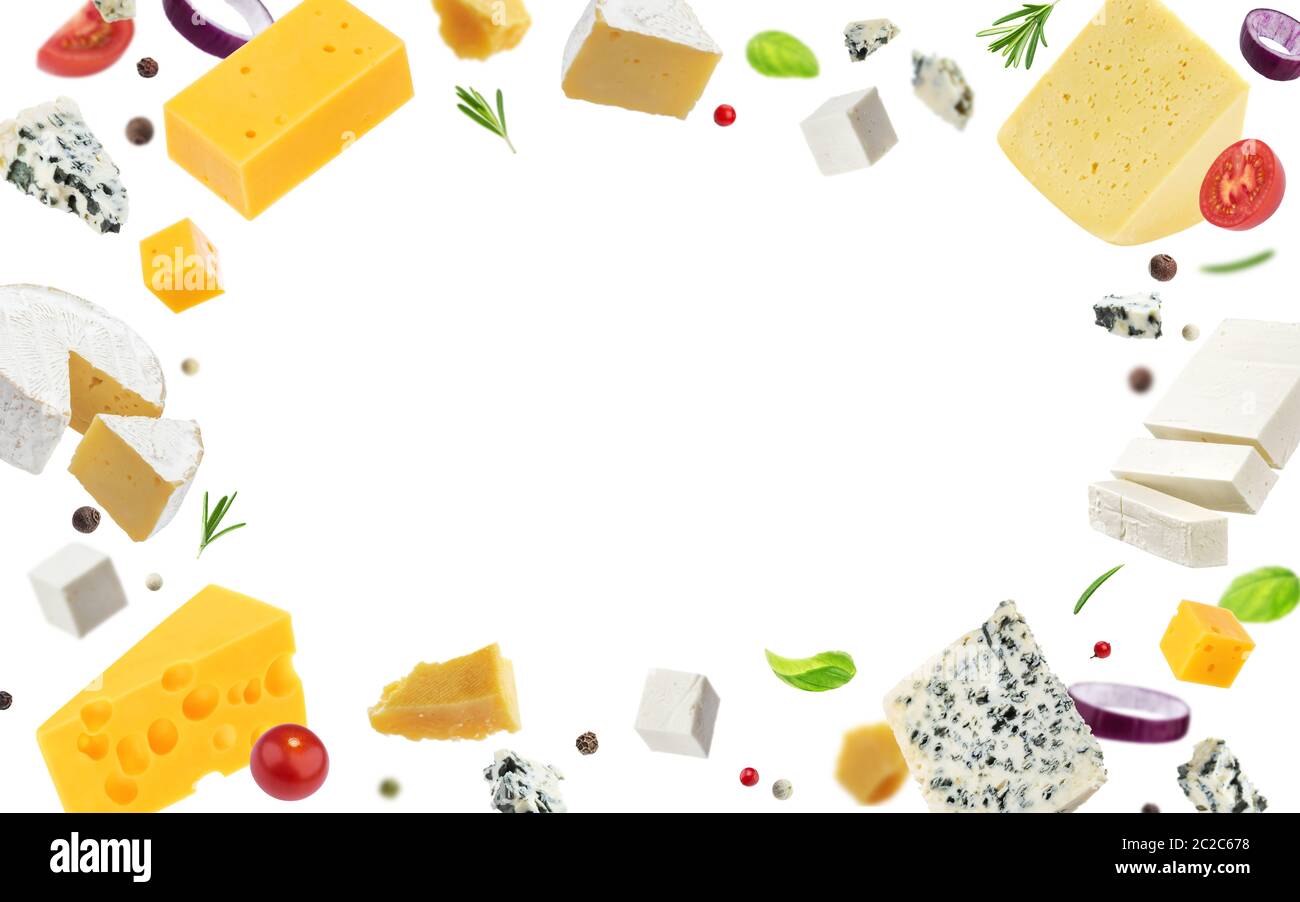 Châssis fromage isolé sur fond blanc, différents types de fromages ...