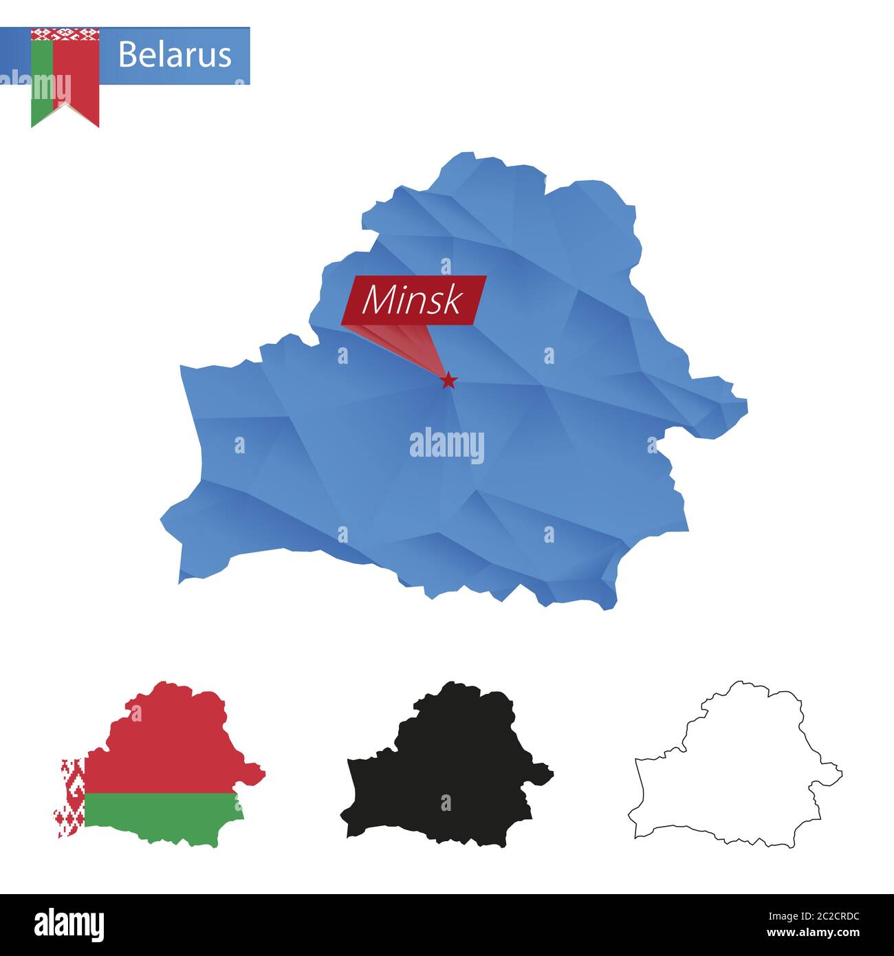 Carte bleu de la Biélorussie Low Poly avec la capitale Minsk, quatre ...
