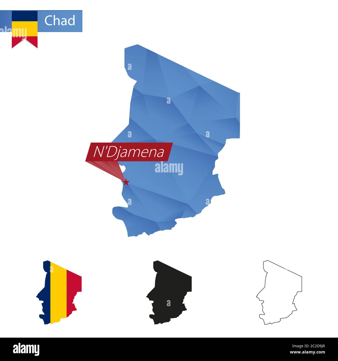 Carte de la Basse Poly du bleu du Tchad avec la capitale n'Djamena ...