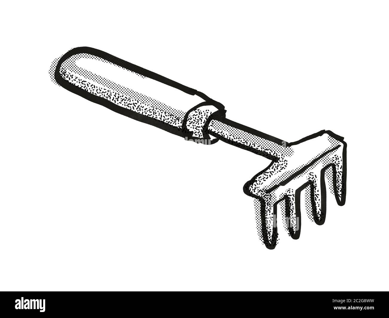 Retro cartoon style dessin d'une part le râteau , un jardin ou outil de ...