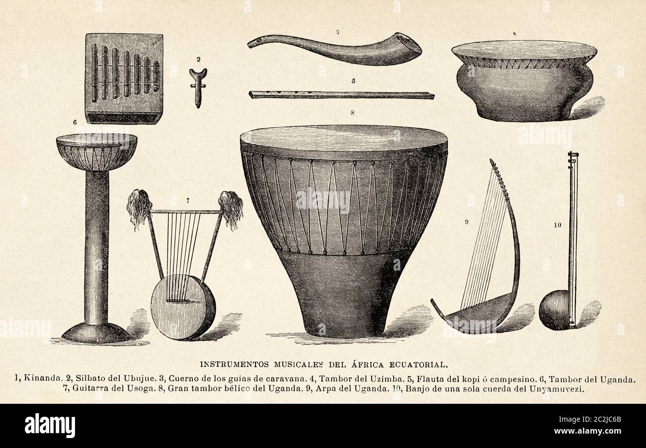 Instruments de musique traditionnels de tribus d'Afrique équatoriale ...
