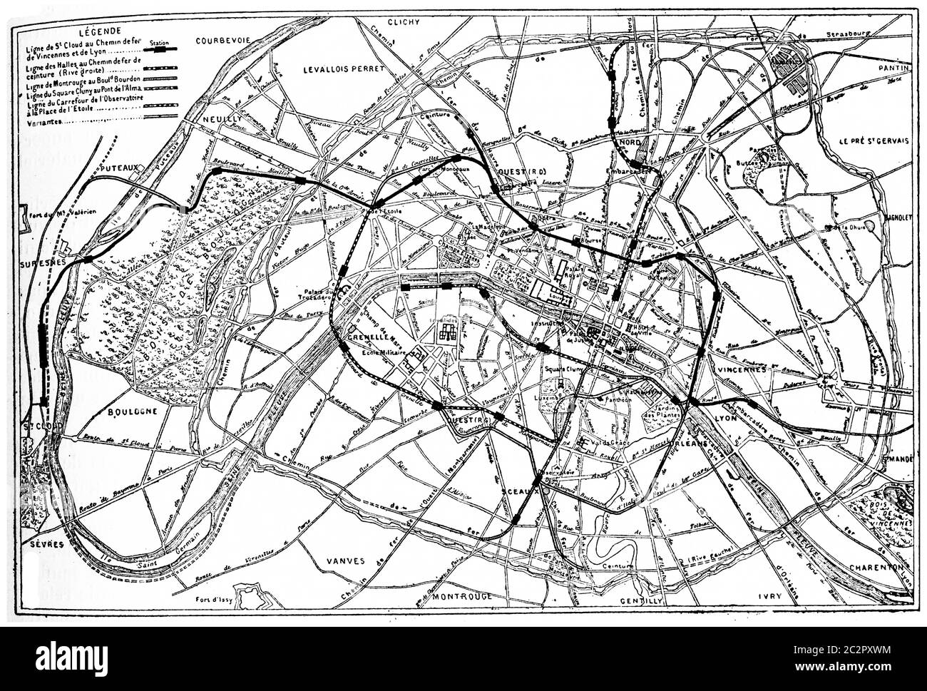 Carte du projet de chemin de fer métropolitain de Paris, illustration ...