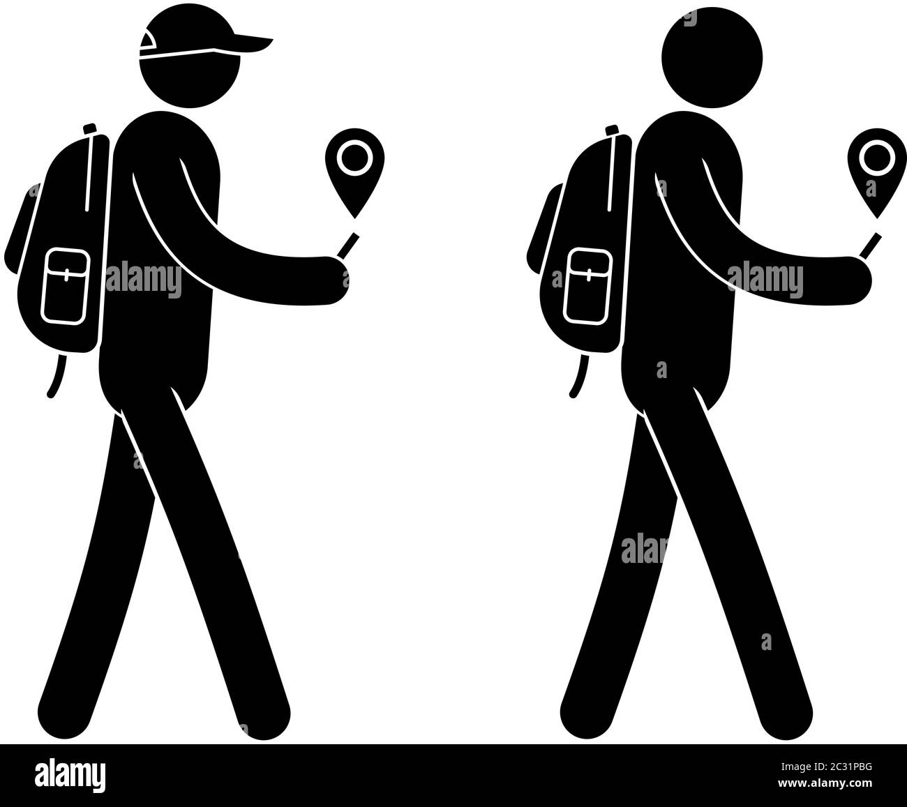 Pictogramme homme avec petit sac à dos est guidé le long du GPS Image ...