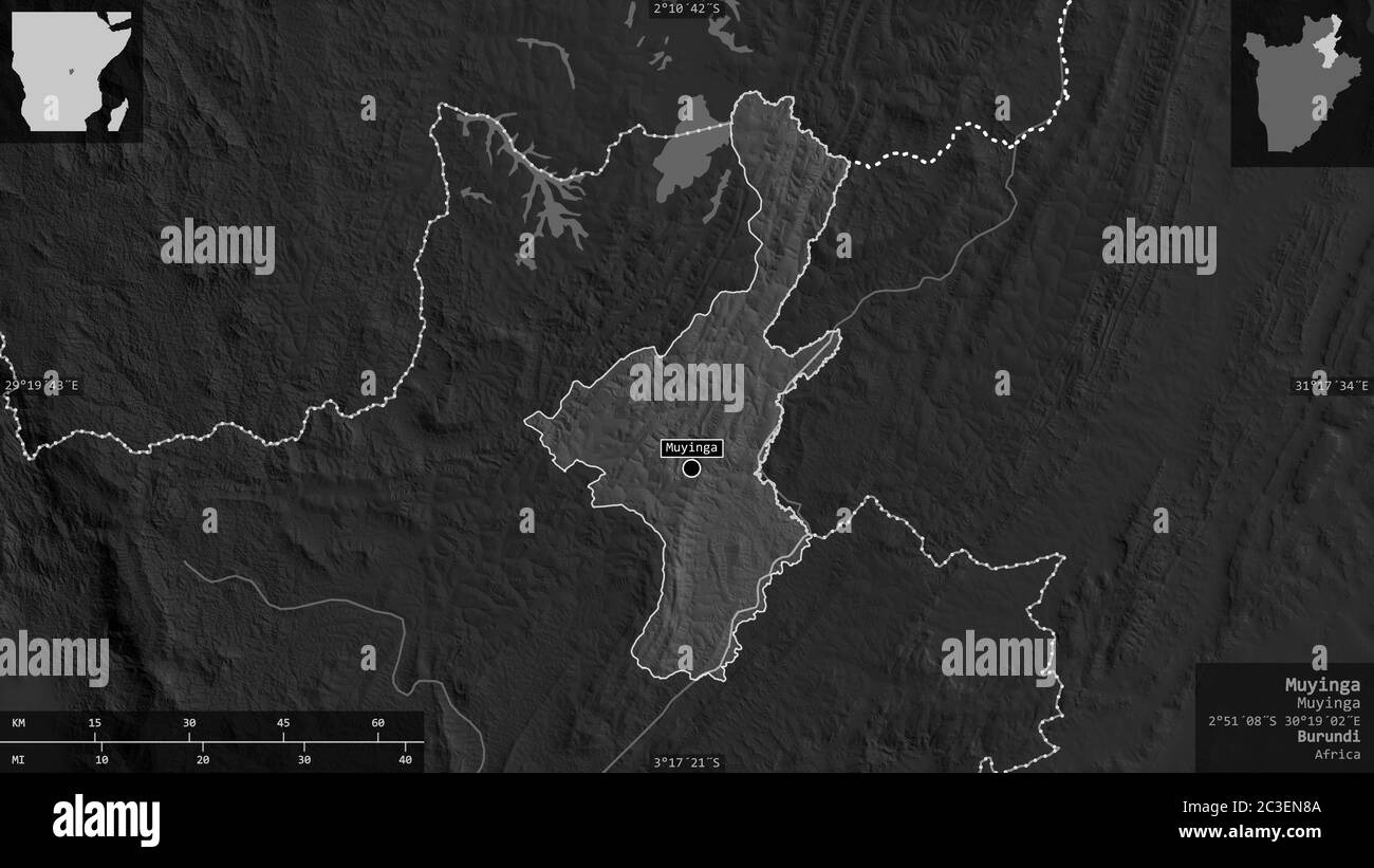 Muyinga, province du Burundi. Carte à échelle de gris avec lacs et ...