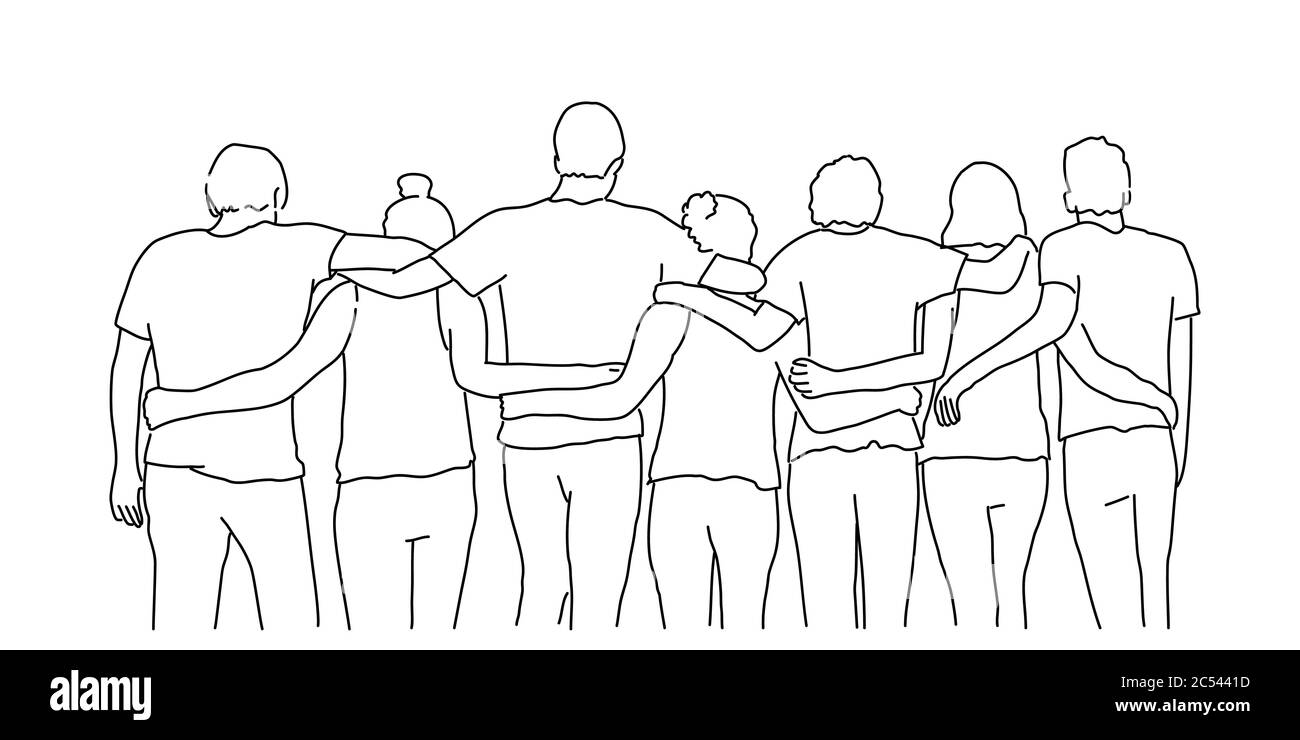 Dessin de ligne d'un groupe d'amis heureux qui se embrasse. Tourisme ...