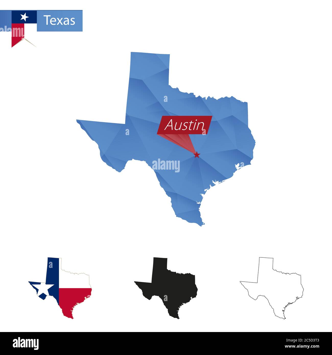 Carte de l'État du Texas bleu Low Poly avec la capitale Austin ...