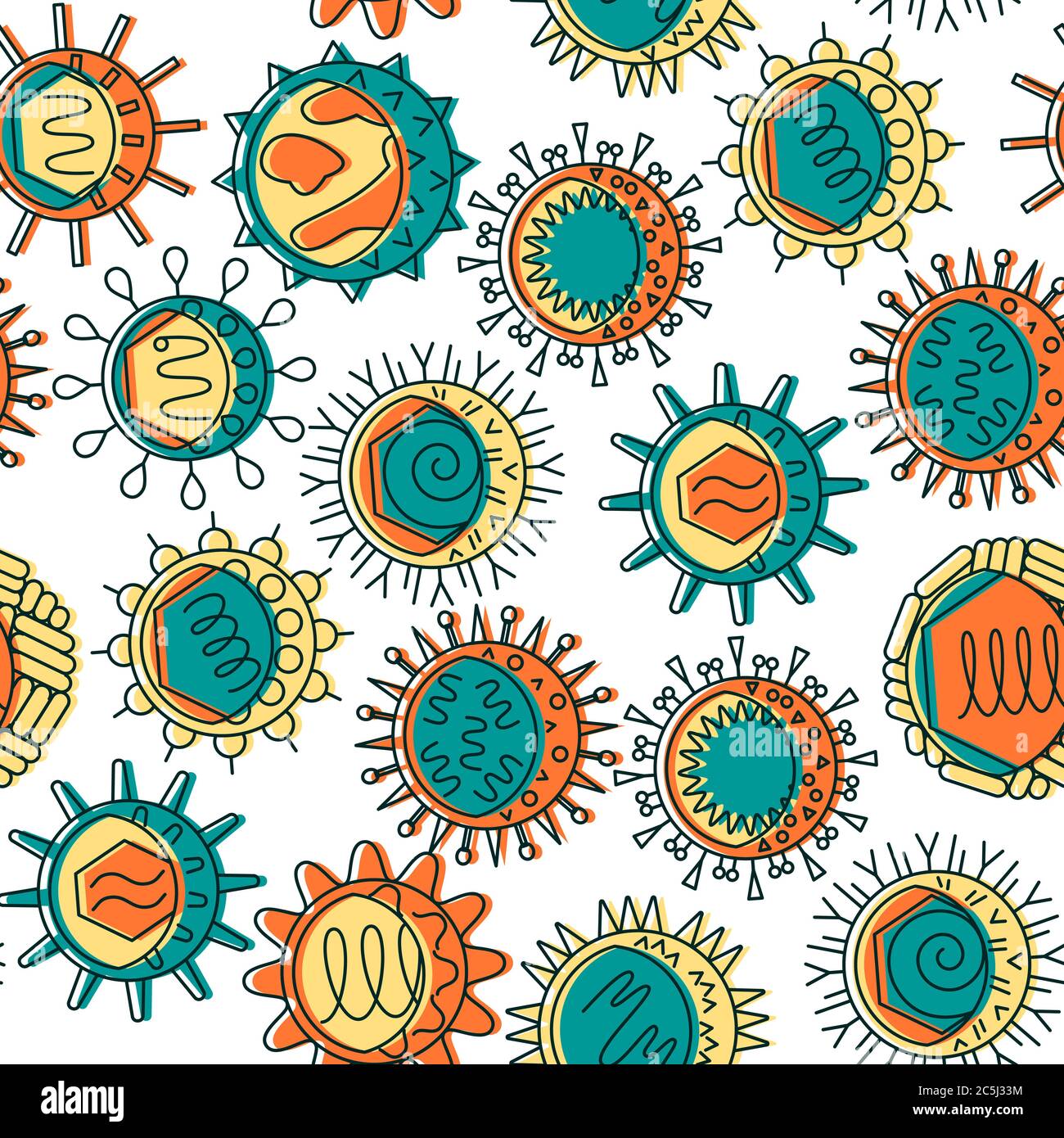 Types de virus motif transparent en style de ligne colorée. Symboles de ...
