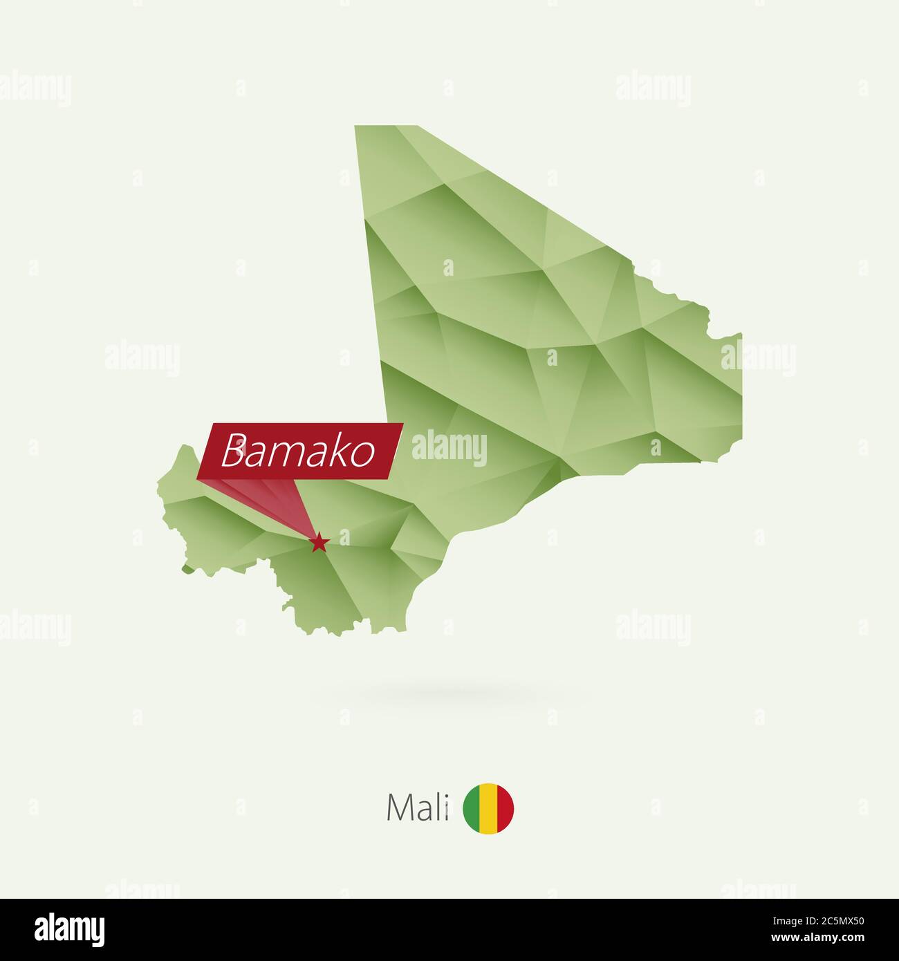 Carte de faible poly de gradient vert du Mali avec la capitale Bamako ...