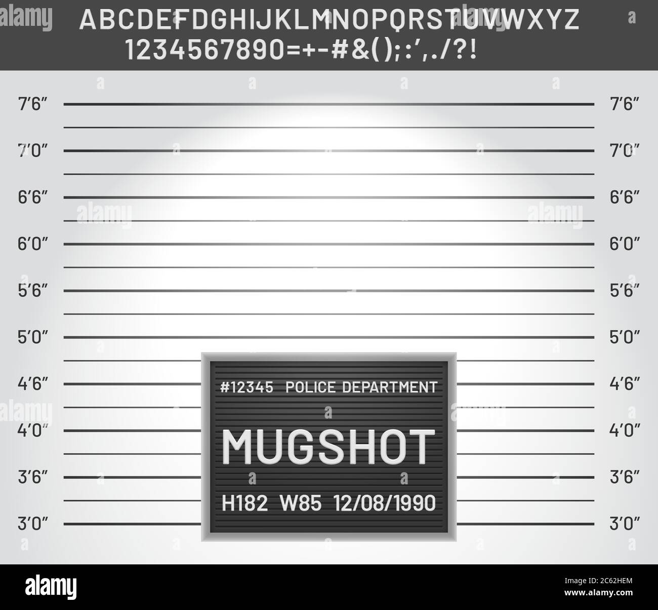 Modèle Mugshot. Tableau de police avec alphabet plastique et panneaux ...