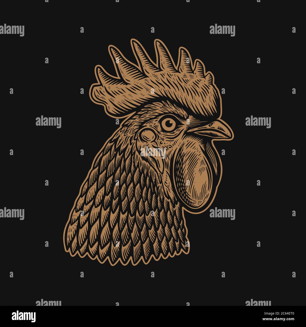 Illustration de la tête de coq en style gravure. Élément de design pour ...