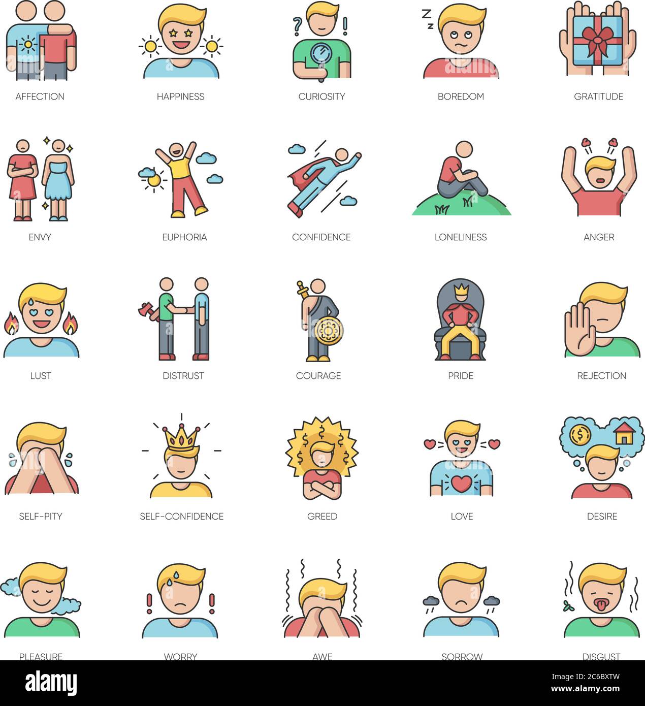 Jeu d'icônes de couleur RVB Human sentiments. Émotions positives et ...