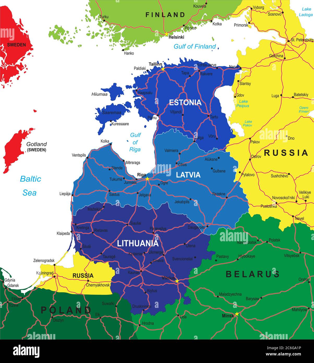 Carte vectorielle très détaillée des États baltes avec régions ...
