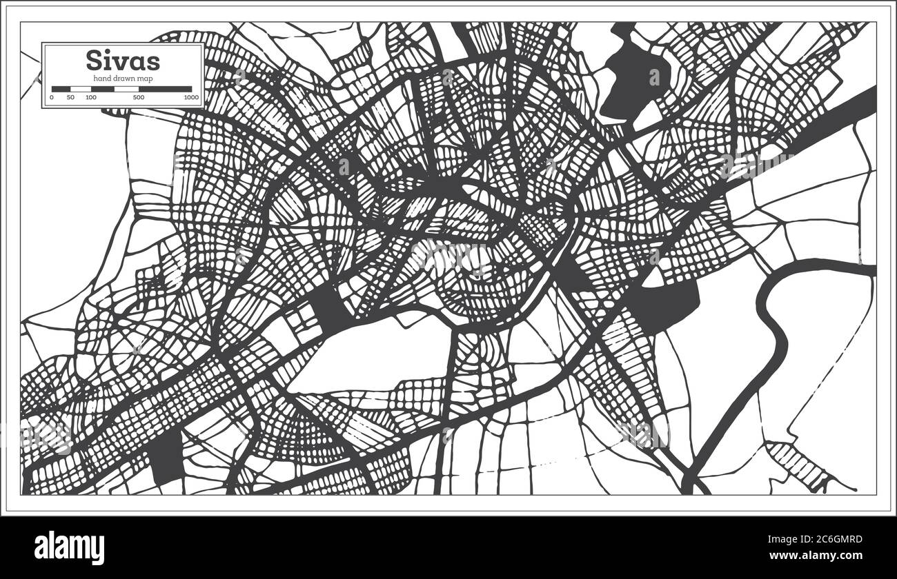 Sivas Turquie carte de la ville en noir et blanc couleur rétro. Carte ...