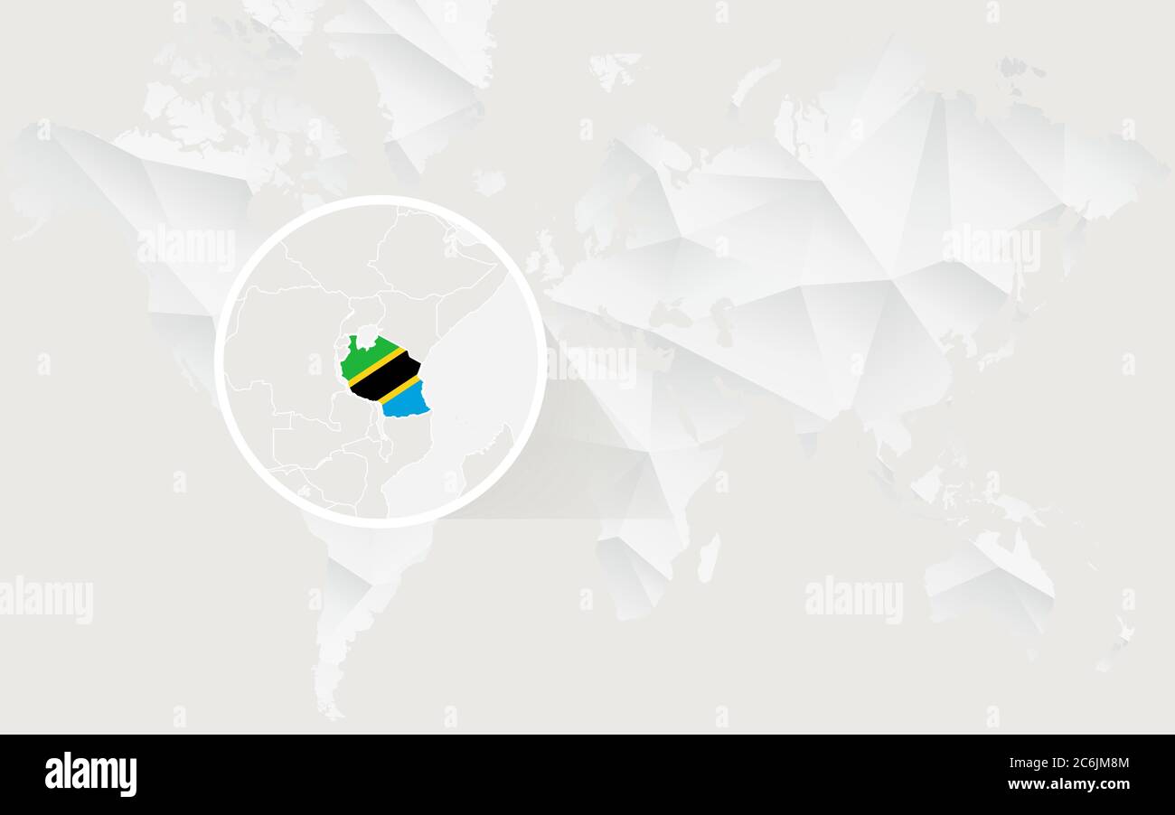 Carte de Tanzanie avec drapeau en contour sur la carte du monde polygonale blanche. Illustration ...