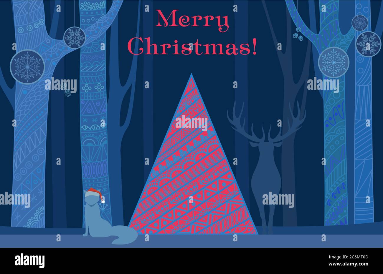 Arbre De Noël Carte De Noël Et De Bonne Année Avec Cerf Et Sapin De Noël Dans Une Forêt