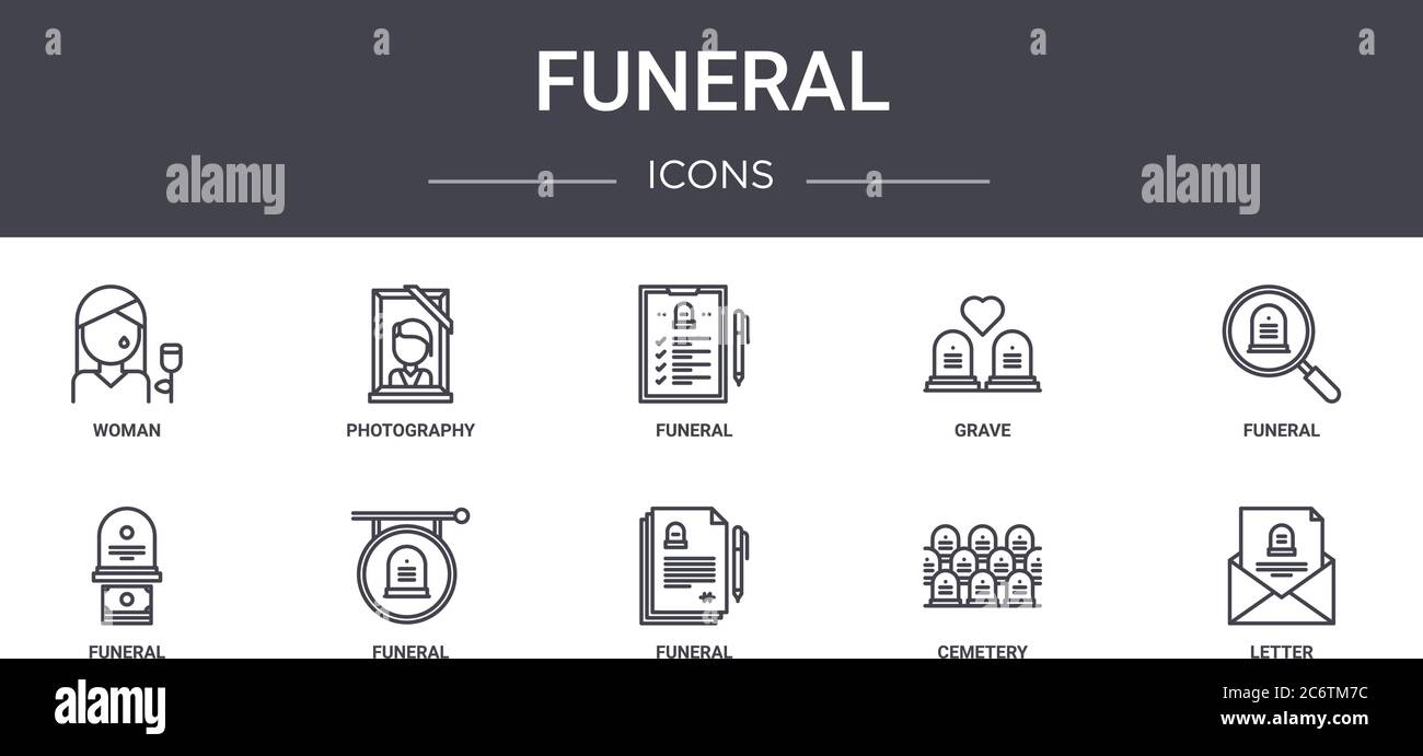 jeu d'icônes de ligne de concept de funérailles. contient des icônes ...