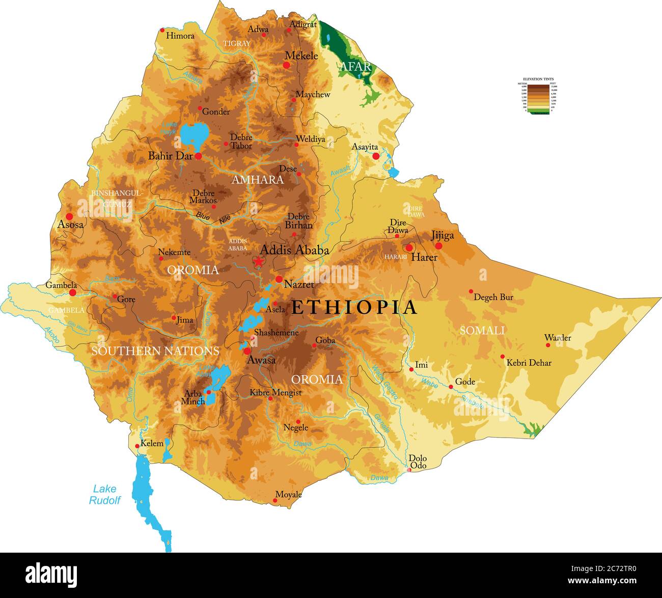 Carte physique très détaillée de l'Éthiopie, en format vectoriel, avec ...