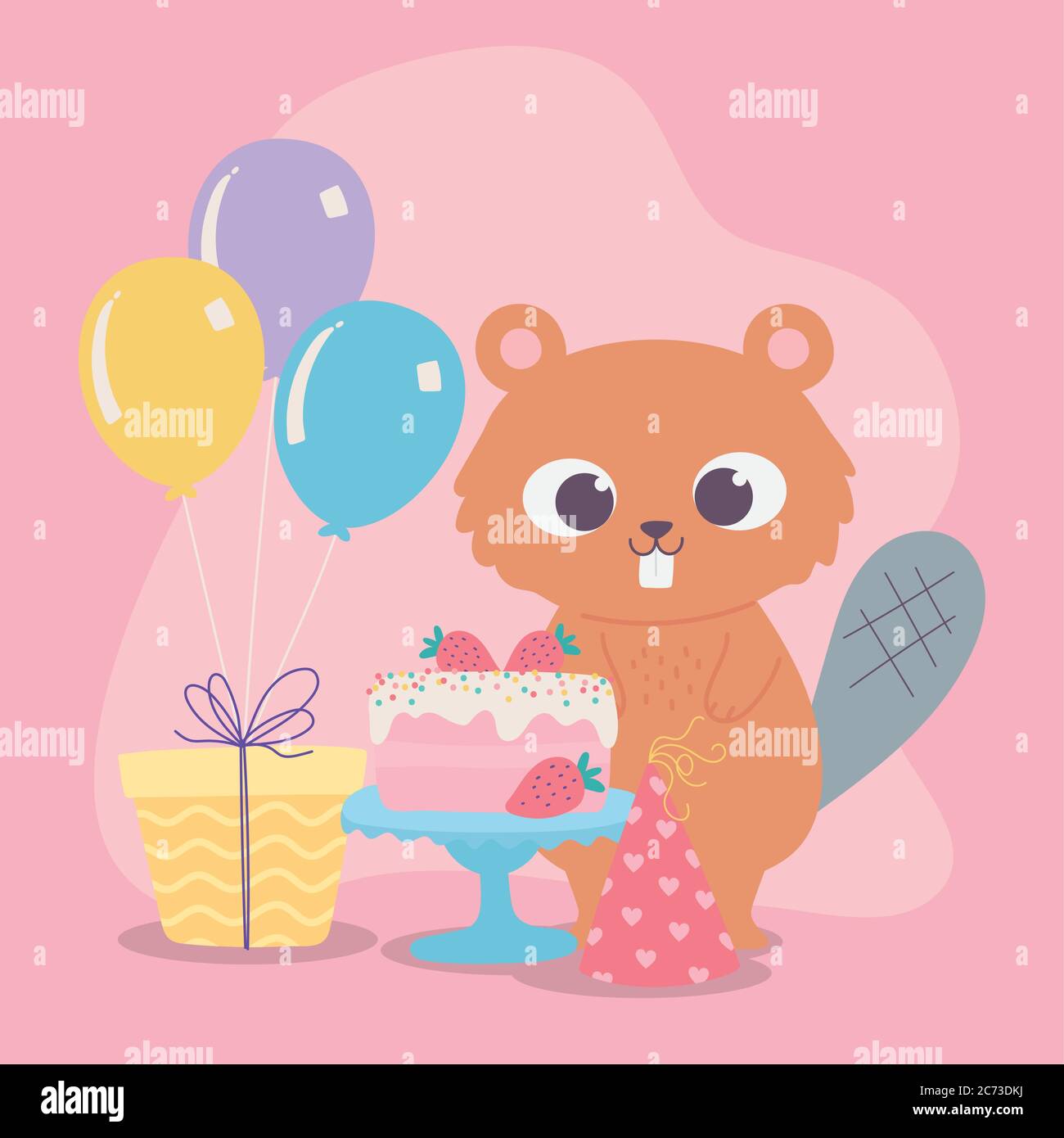 joyeux anniversaire, adorable castor avec gâteau cadeau fête chapeau et ...