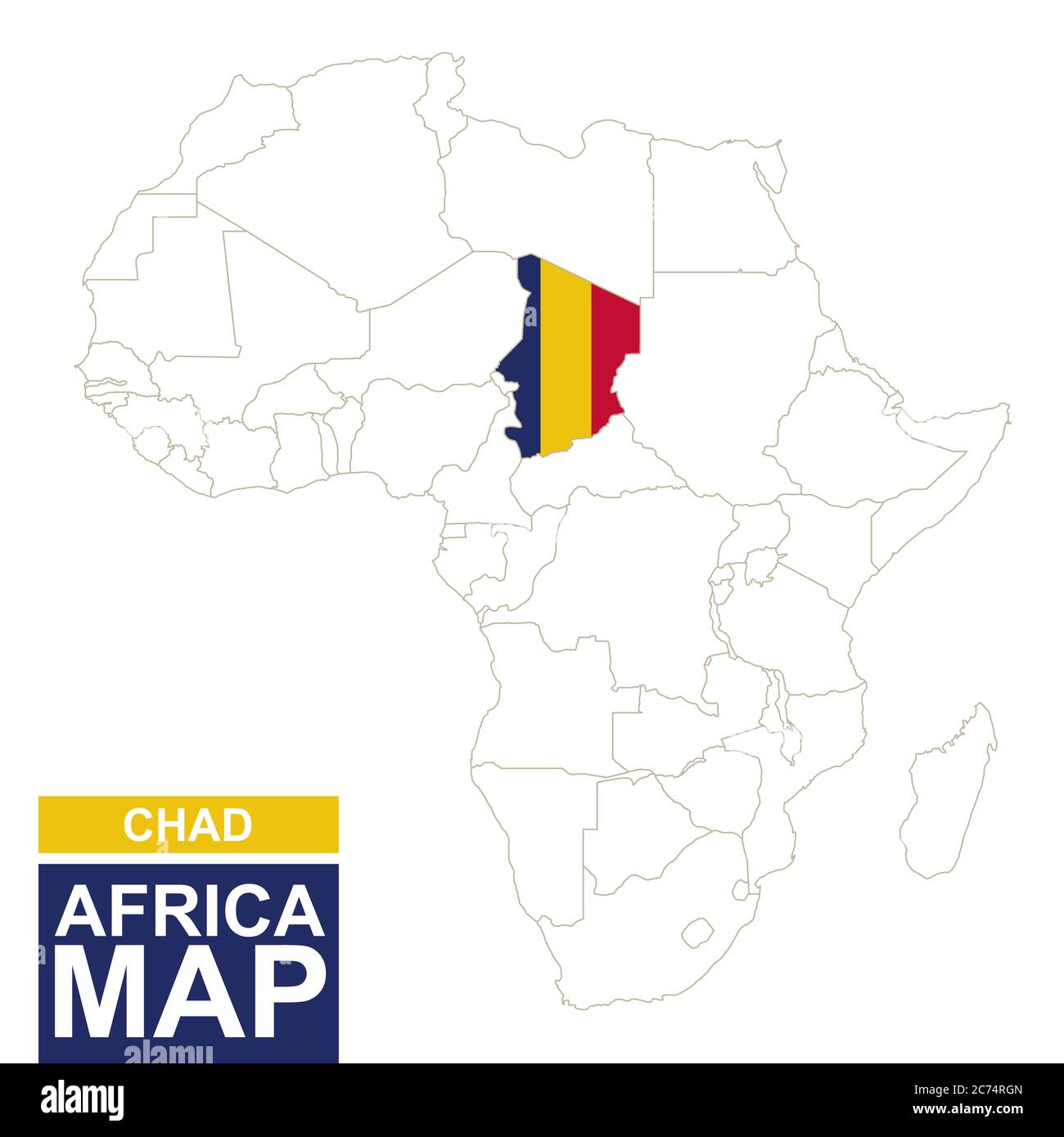 Carte contourée de l'Afrique avec le Tchad mis en évidence. Carte du ...